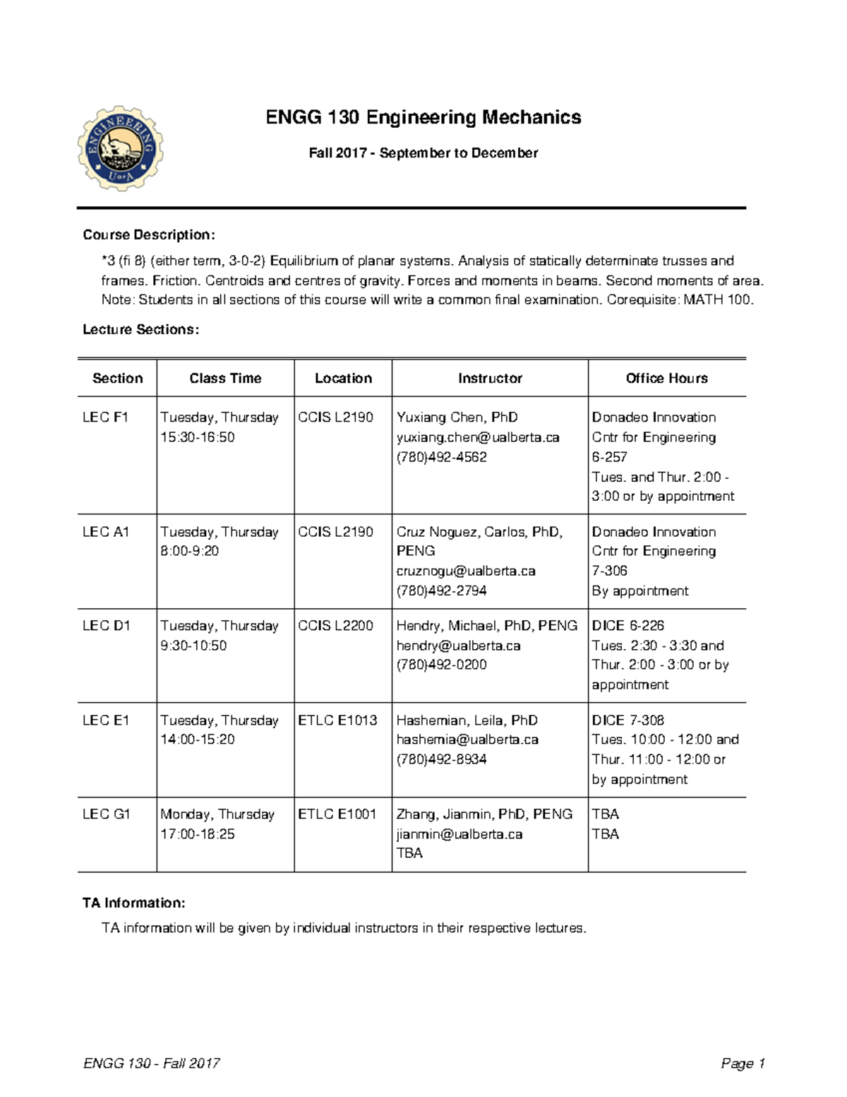 Course Syllabus - Summary Engineering Mechanics - ENGG 130 Engineering ...