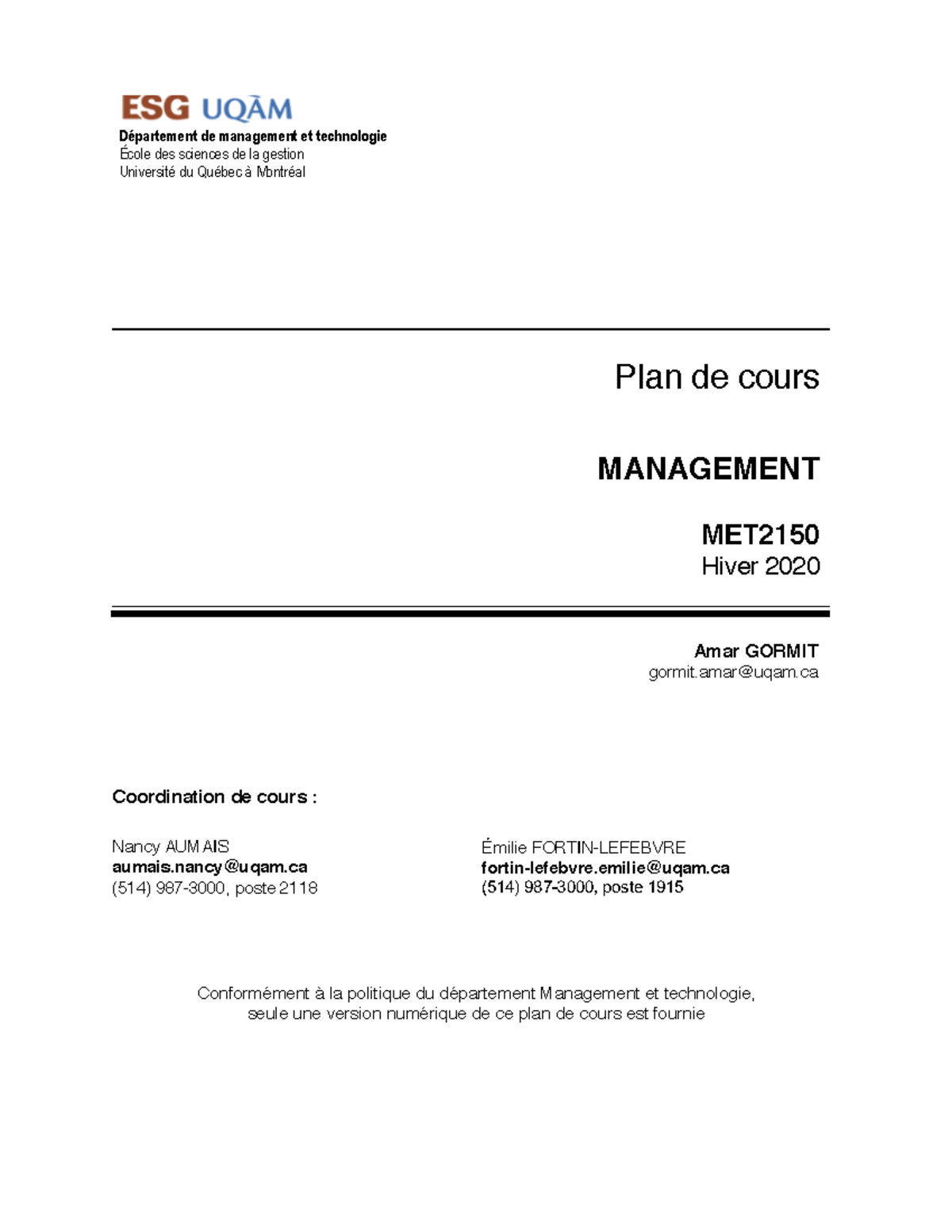MET2150 - Plan cours - H2020 - Warning: TT: undefined function: 32 Plan de cours MANAGEMENT ...