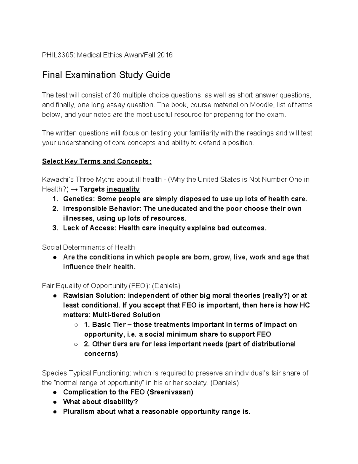 Final Study Guide - Med Ethics - PHIL3305: Medical Ethics Awan/Fall ...