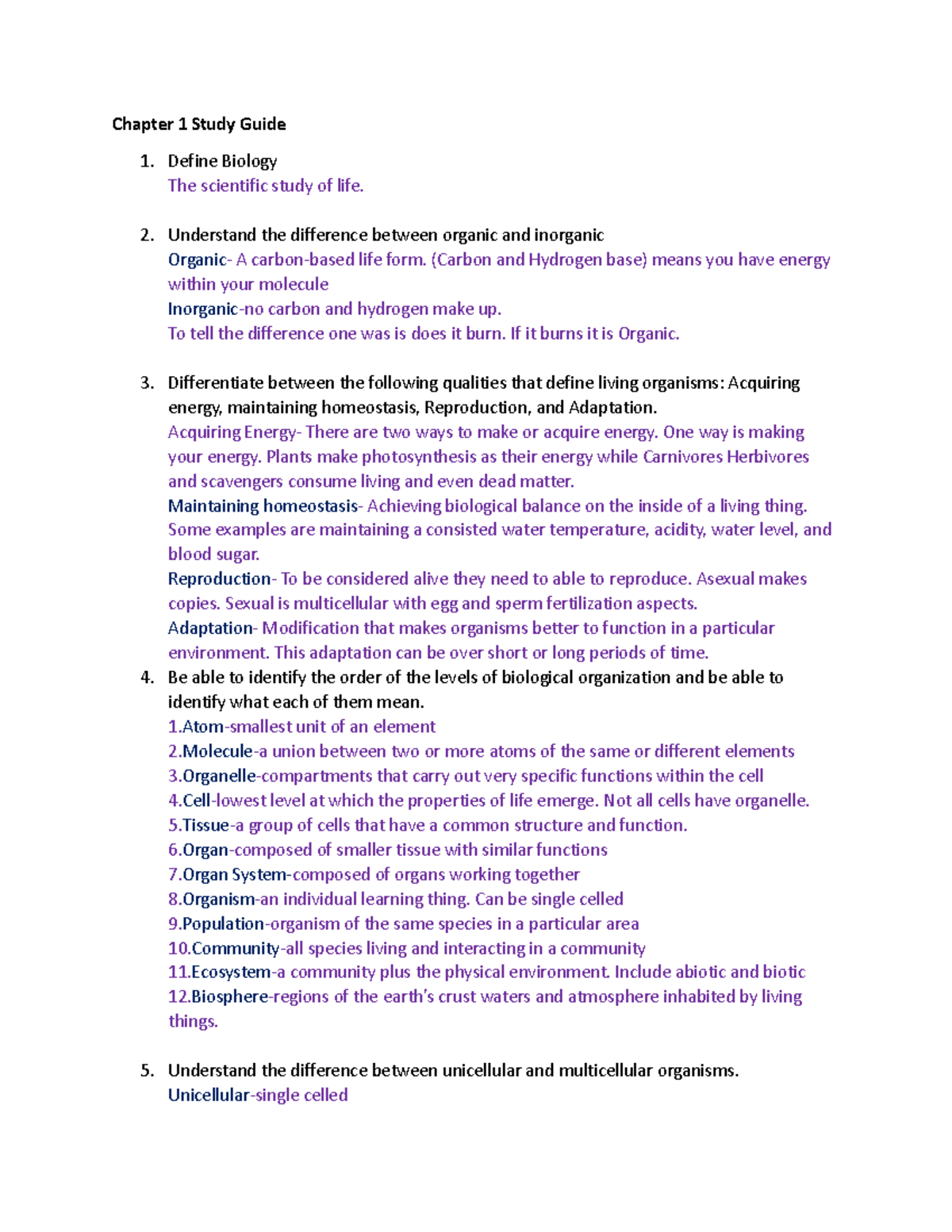 Chapter 1 Study Guide-1 2 - Chapter 1 Study Guide Define Biology The ...