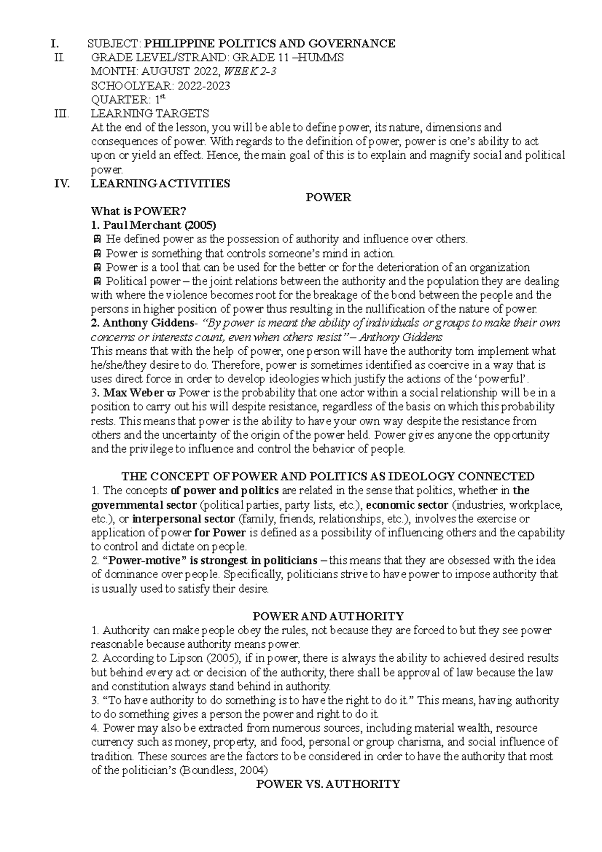 Polgov-M2 - POLITICAL GOVERNANCE - I. SUBJECT: PHILIPPINE POLITICS AND GOVERNANCE II. GRADE ...