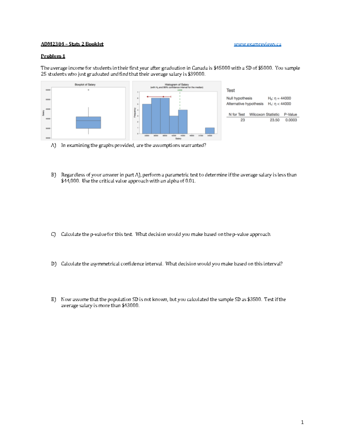 Stats 2 Midterm Webinar - ADM2304 – Stats 2 Booklet examreviews Problem 1 The average income for ...
