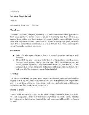 BUS 498 week 1 journal - for internship - BUS 498. Internship Weekly ...