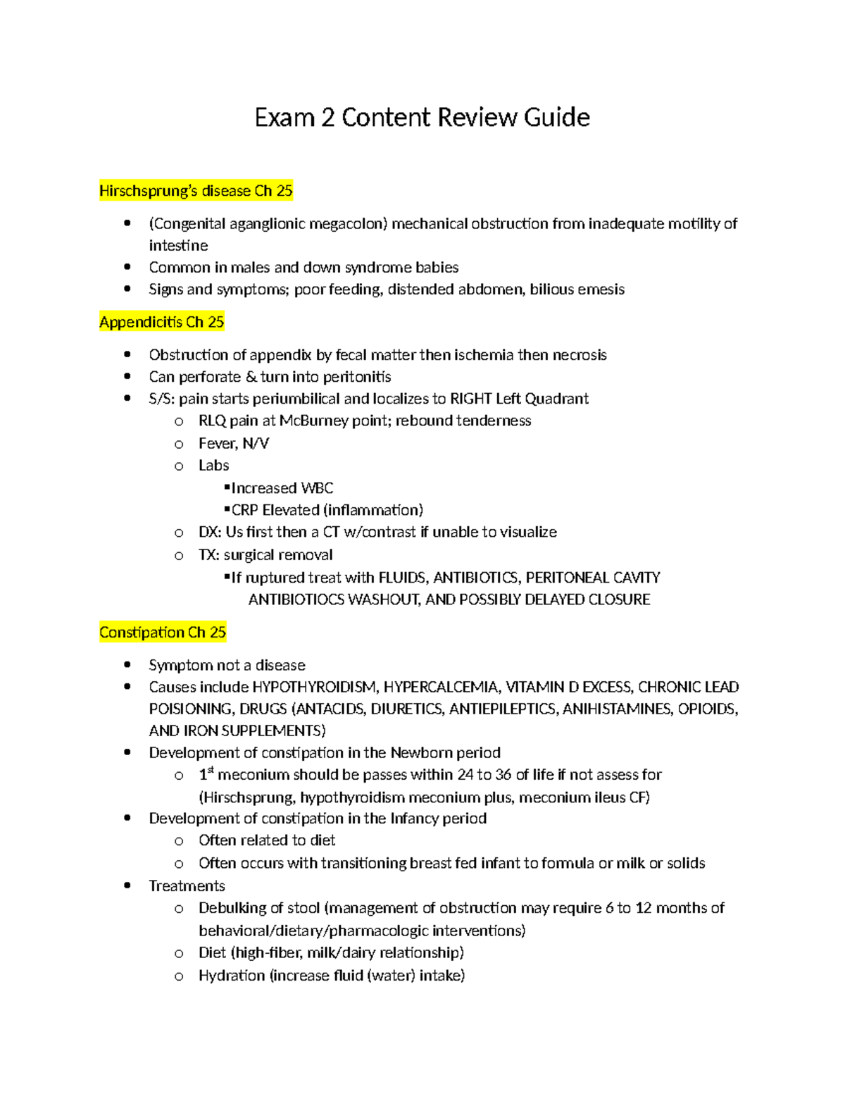 Exam 2 Content Review Guide - Exam 2 Content Review Guide Hirschsprung ...