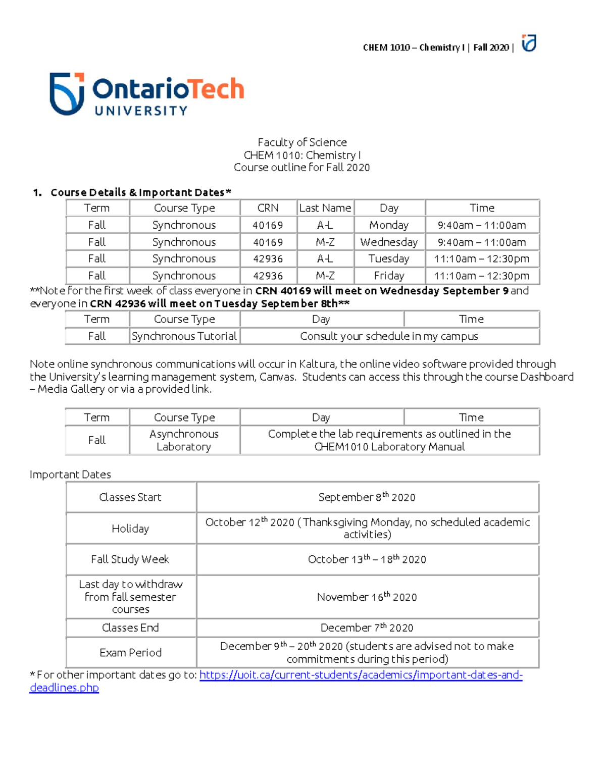 Chem 1010 syllabus FA20-1 - Warning: TT: undefined function: 32 CHEM 1010–Chemistry I | Fall ...