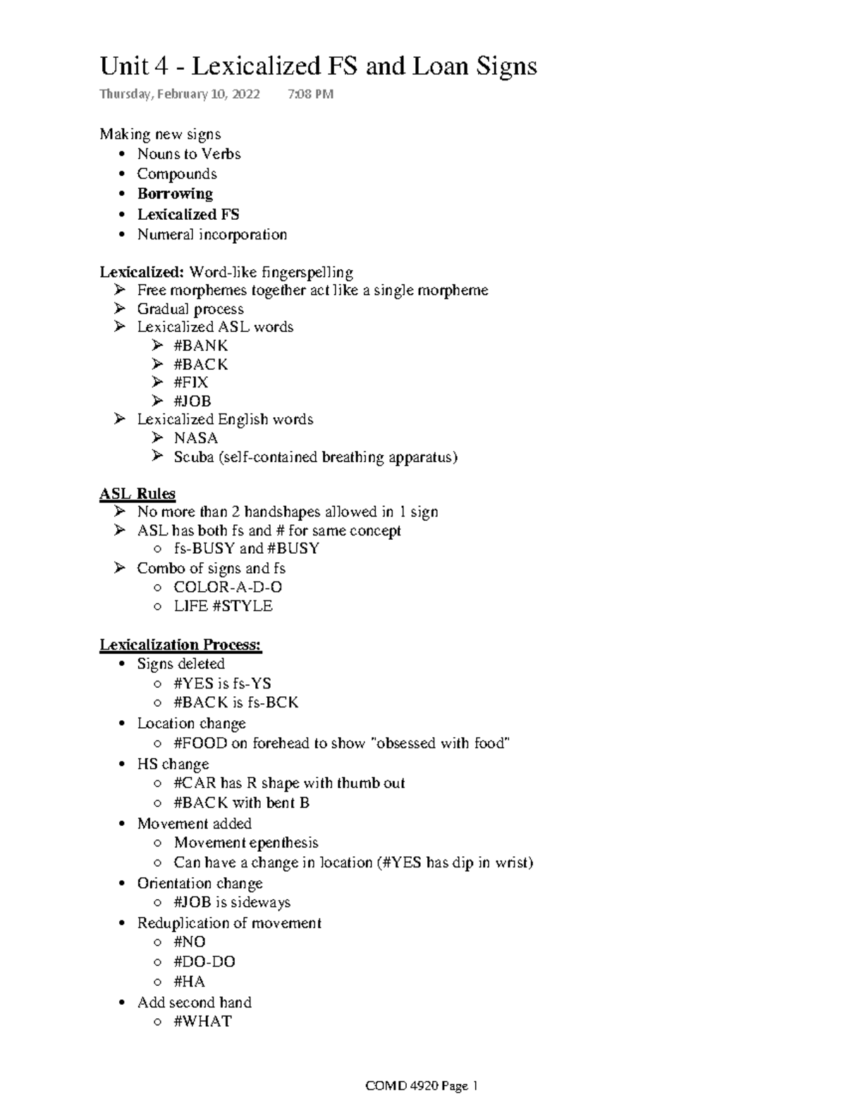 Unit 4 - Lexicalized FS and Loan Signs - COMD 4920 - USU - Studocu