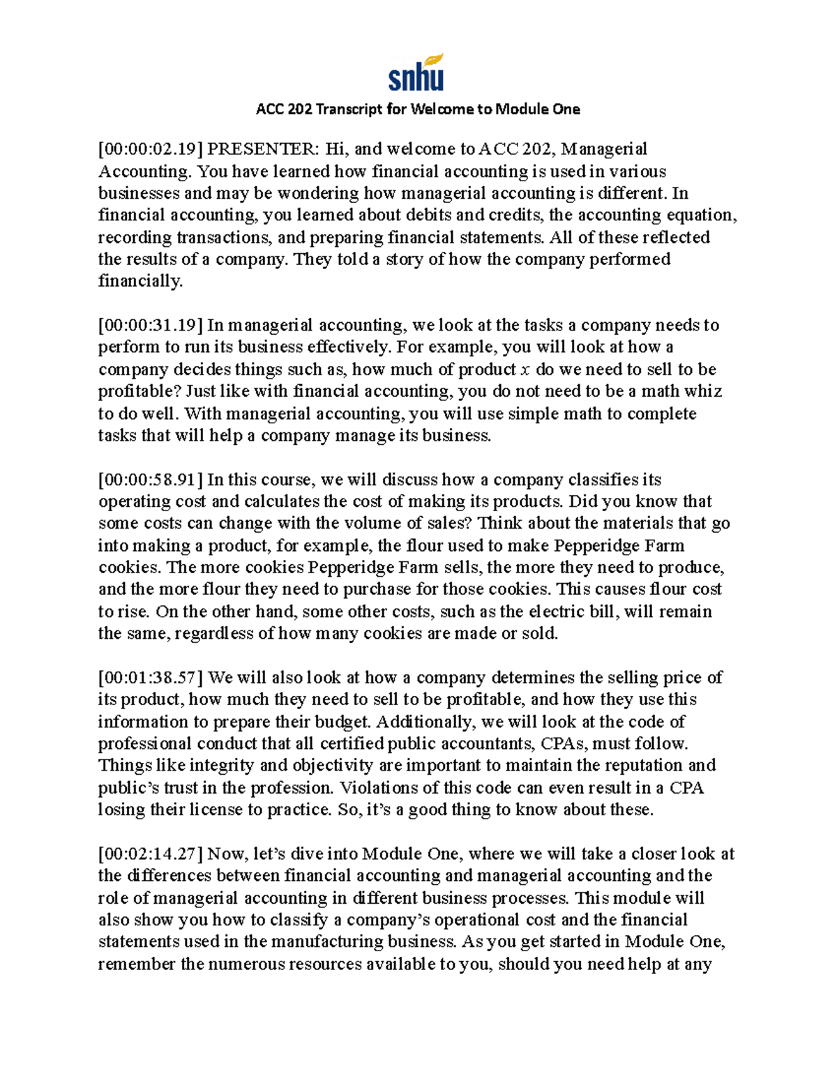 ACC 202 Transcript for Welcome to Module One - You have learned how ...