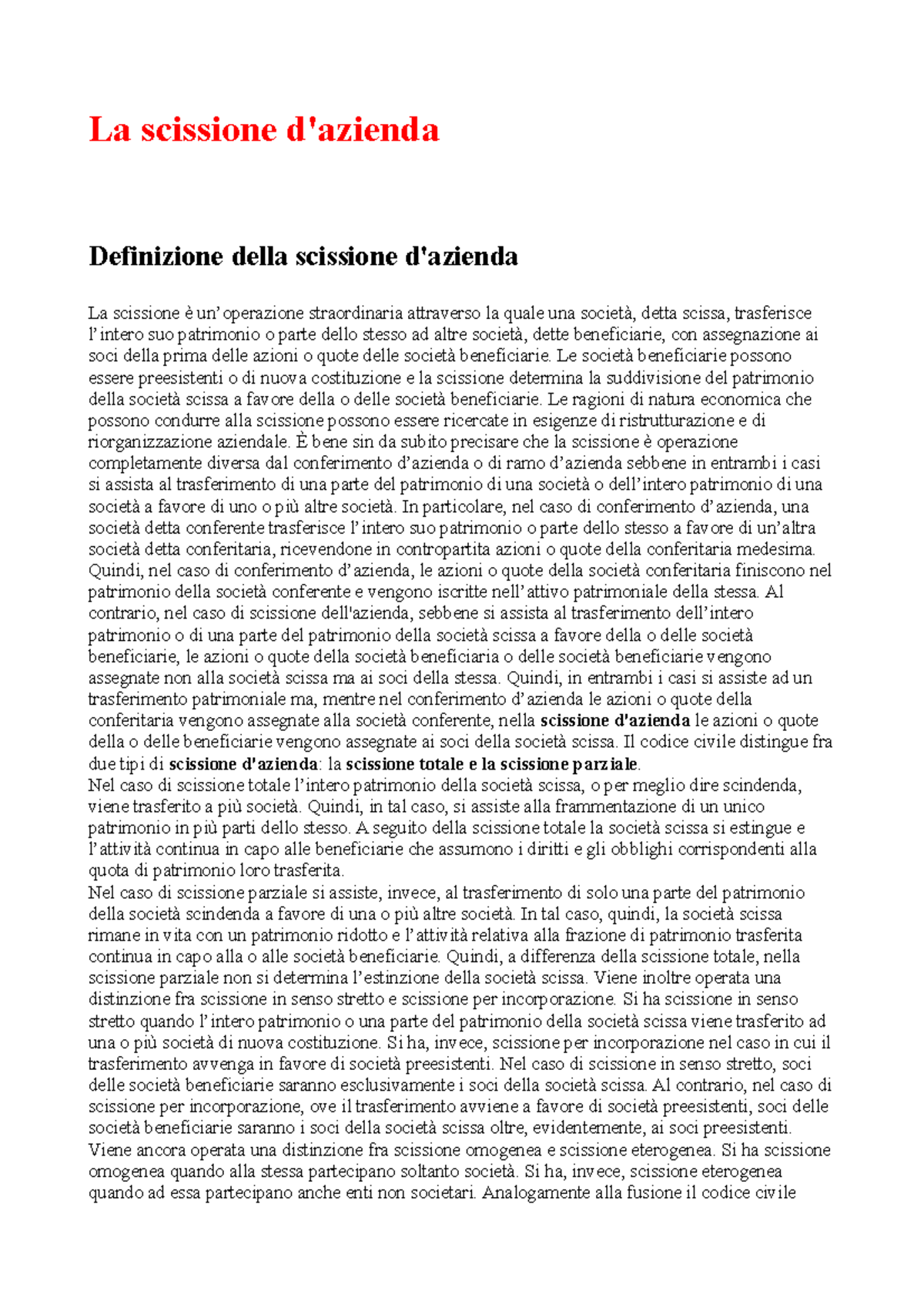 Scissione Aziendale - La scissione d'azienda Definizione della ...
