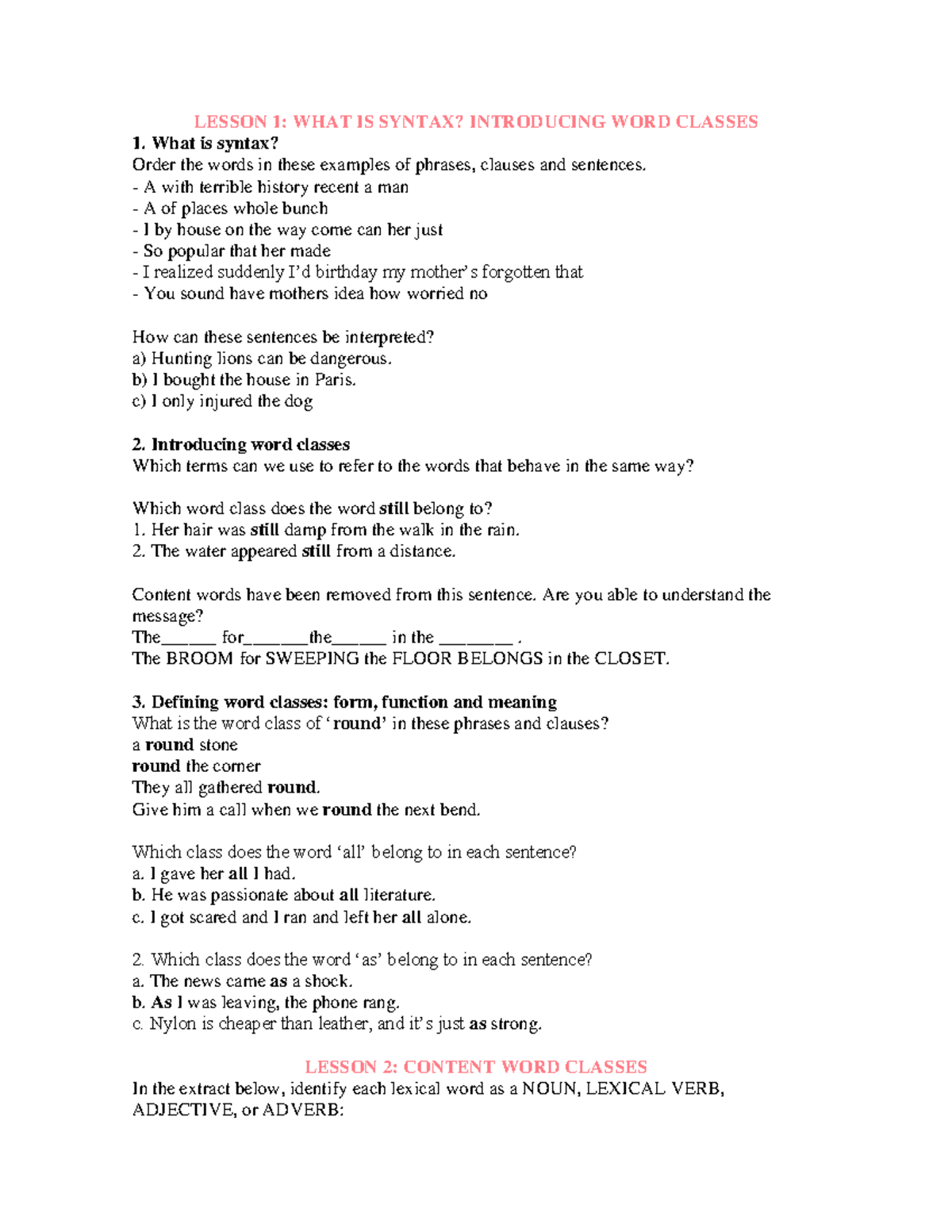 Exercises english 1 - LESSON 1: WHAT IS SYNTAX? INTRODUCING WORD ...