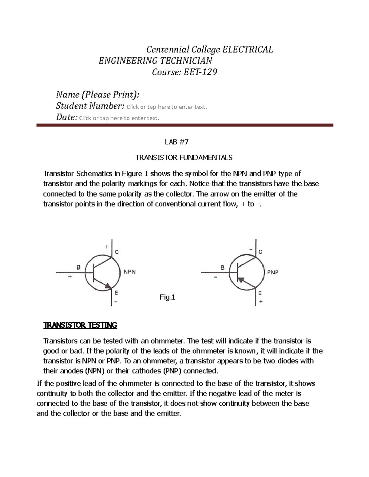 EET-129 LAB 7 Transistor Fundamentals 23W - Centennial College ...