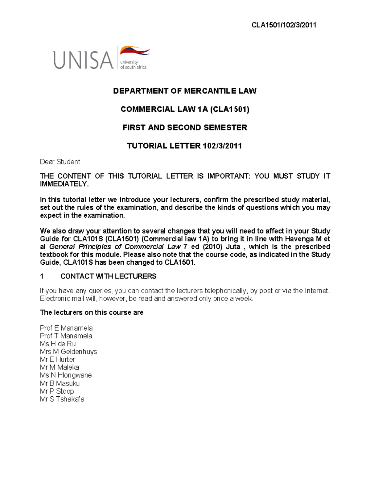 Tutorial-Letter-102 2011 3 e - CLA1501/102/3/ DEPARTMENT OF MERCANTILE ...