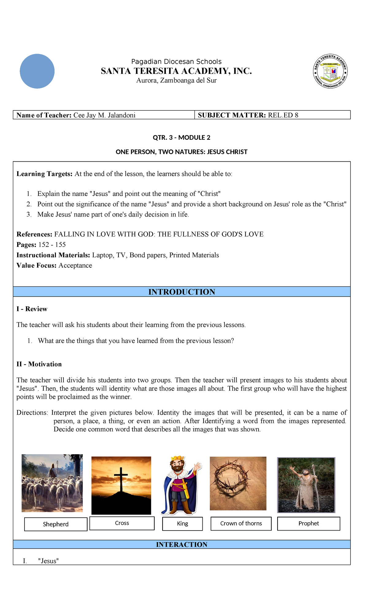 Cejay lesson plan - activities - Name of Teacher: Cee Jay M. Jalandoni ...