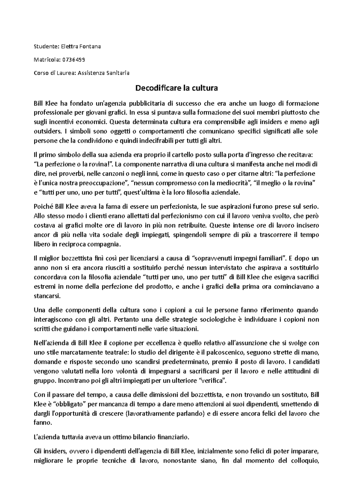 Saggio Breve Bill Klee - Esercitazione sociologia prof. Di Liberto ...