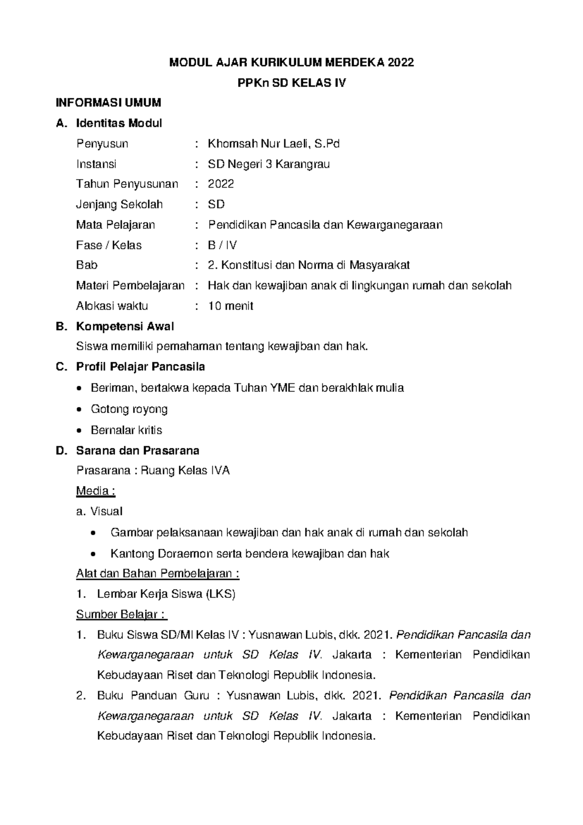 Rpp pkn - info - MODUL AJAR KURIKULUM MERDEKA 2022 PPKn SD KELAS IV ...