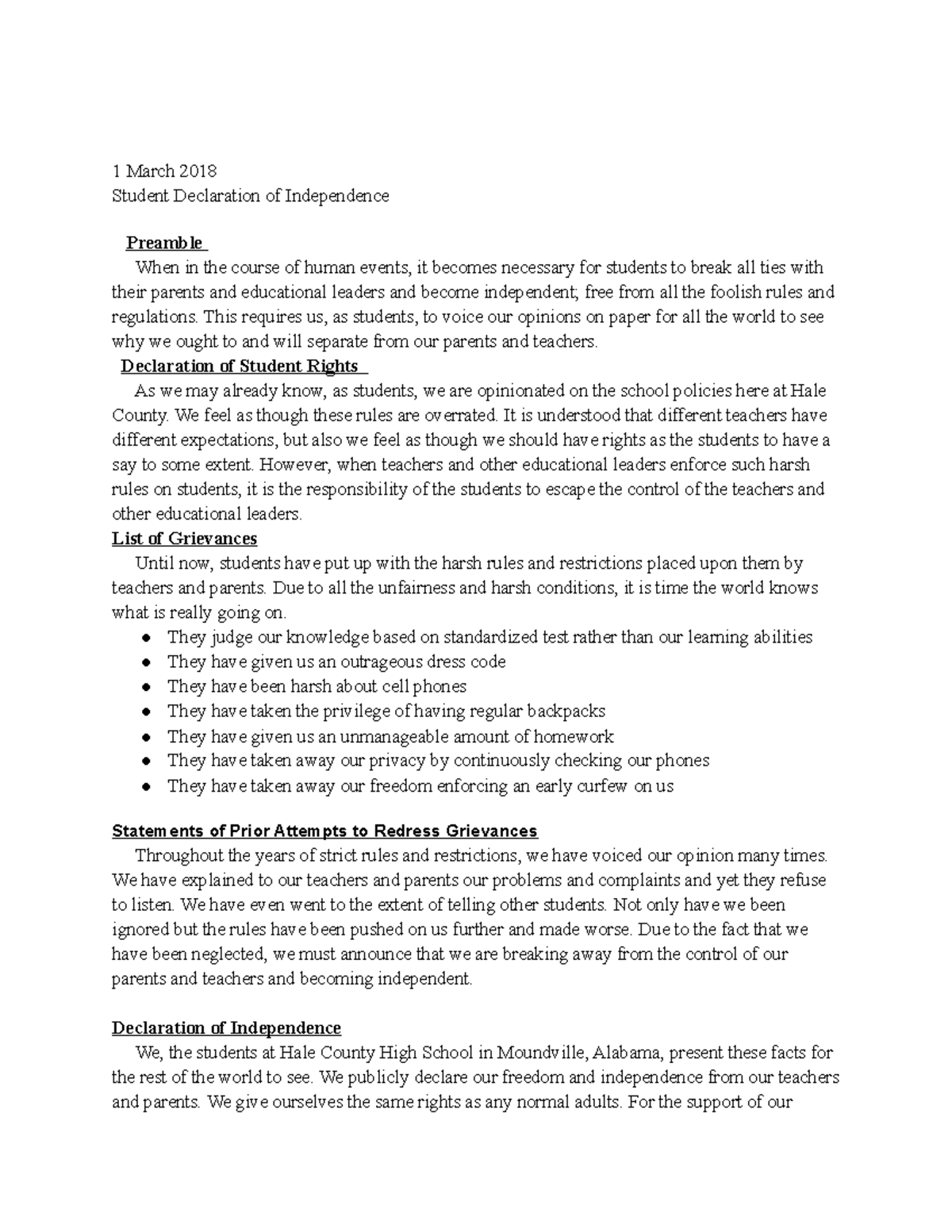 Student Declaration of Independance - 1 March 2018 Student Declaration ...