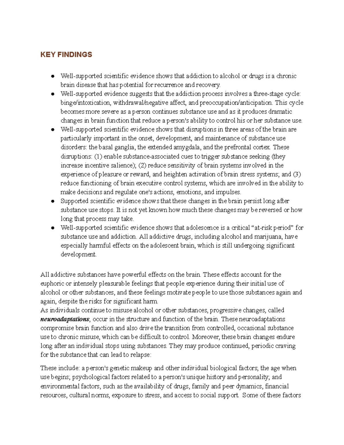Neurobiology Research - KEY FINDINGS Well-supported scientific evidence ...