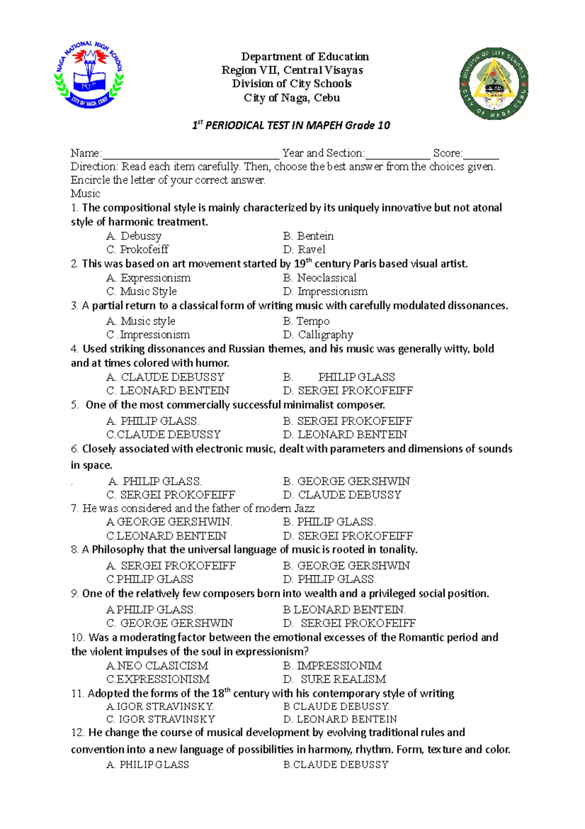 1rd periodical test in grade 10 - Department of Education Region VII ...