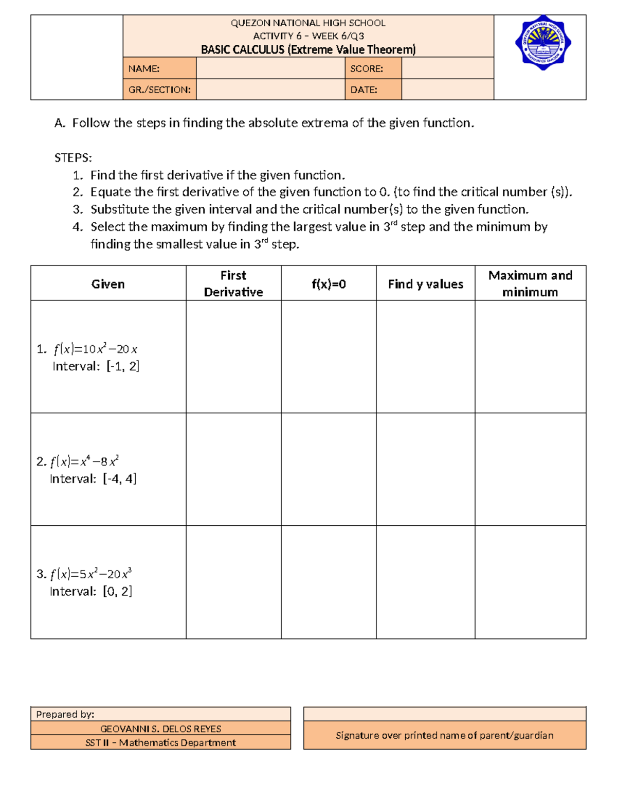 Activity 6 Wk 6 Extreme Value Theorem - QUEZON NATIONAL HIGH SCHOOL ...