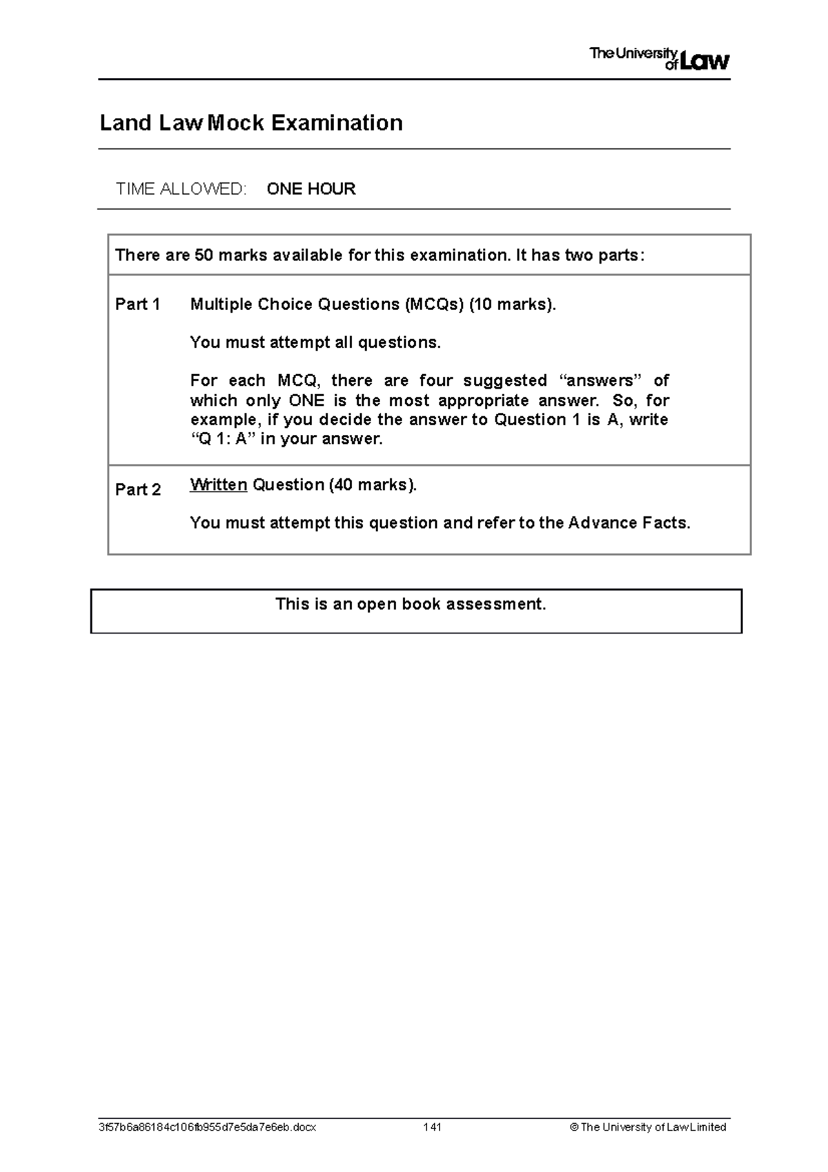 Mock Assessment LLB Land Law 338577 C2052194 - Land Law Mock ...
