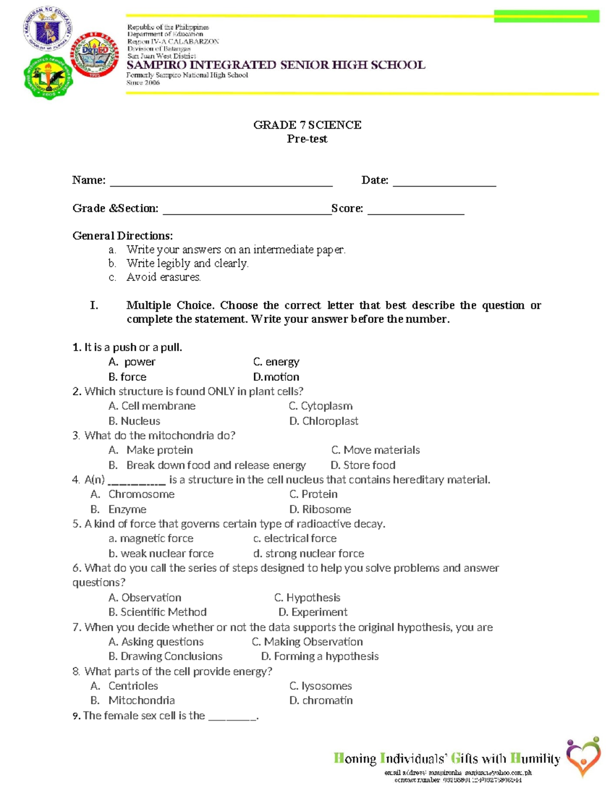 2nd Qtrly Exam - GRADE 7 SCIENCE Pre-test Name ...