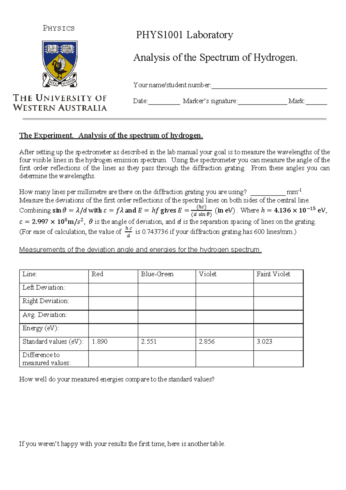 Analysis of the spectrum of hydrogen - PHYS1001 Laboratory Analysis of the Spectrum of Hydrogen ...