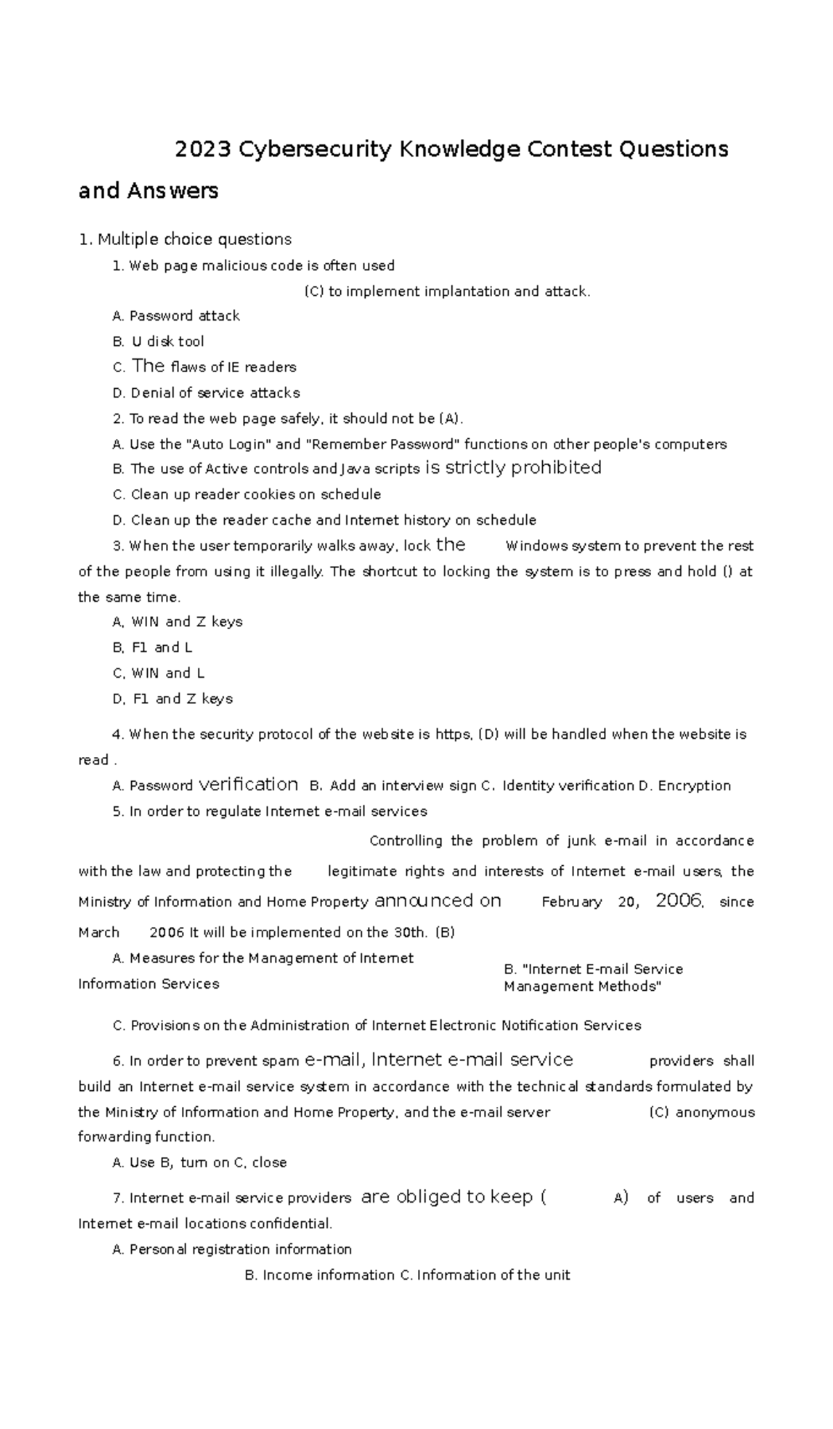 2023 Cybersecurity Knowledge Contest Questions and Answers - Studocu