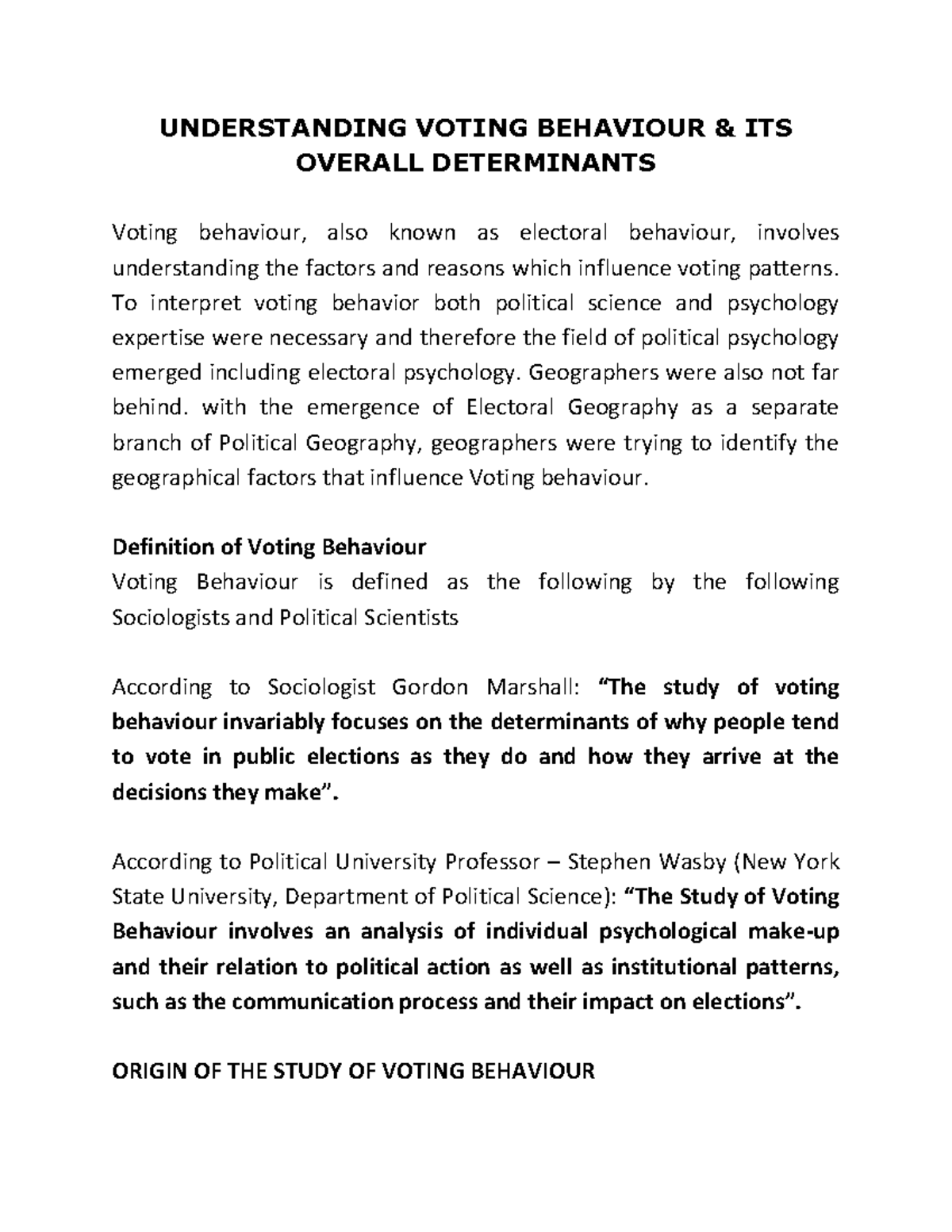 Understanding Voting Behaviour 1 - UNDERSTANDING VOTING BEHAVIOUR & ITS ...