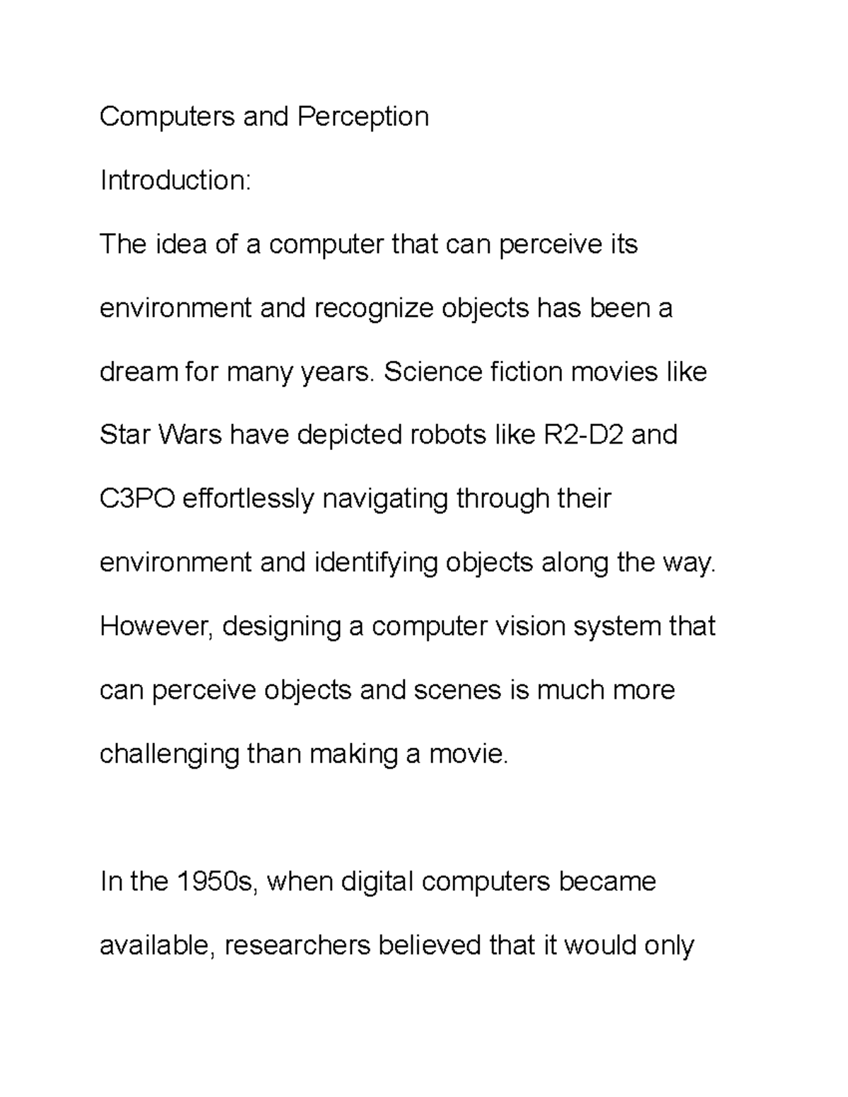 Computers and Perception - Computers and Perception Introduction: The ...