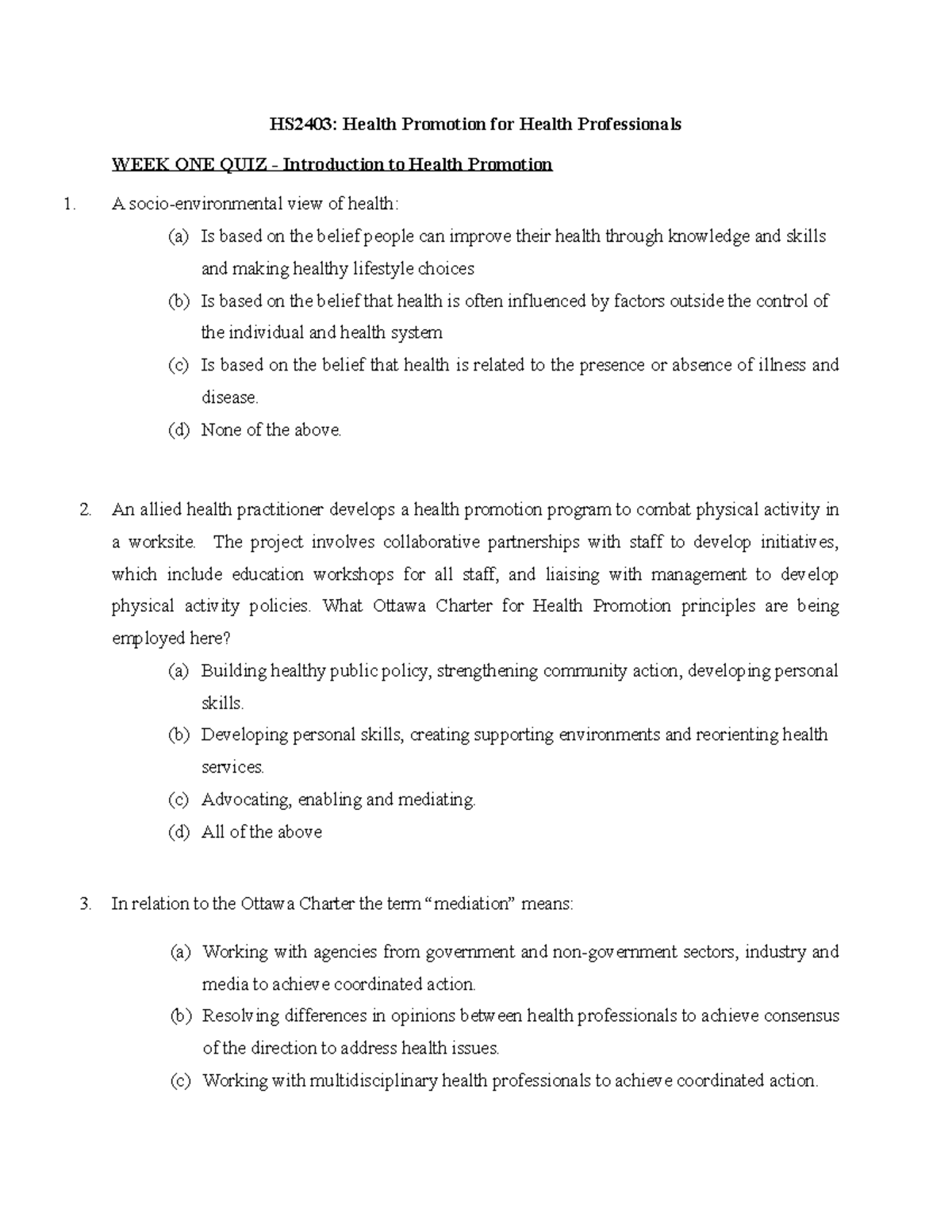 Week 1 Quiz - Quiz details - HS2403: Health Promotion for Health ...
