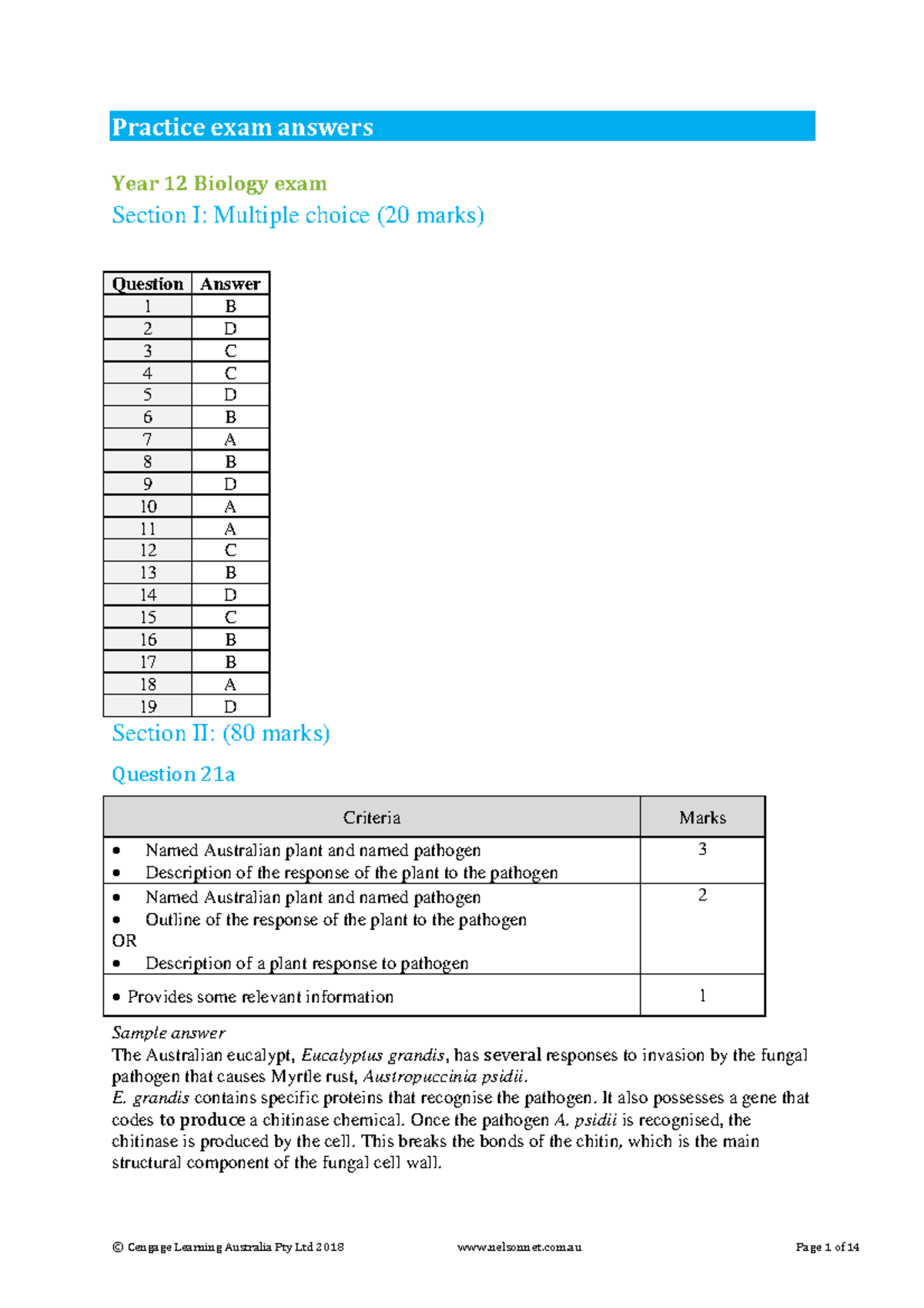 BIF 12 sample exam answers - Practice exam answers Year 12 Biology exam ...
