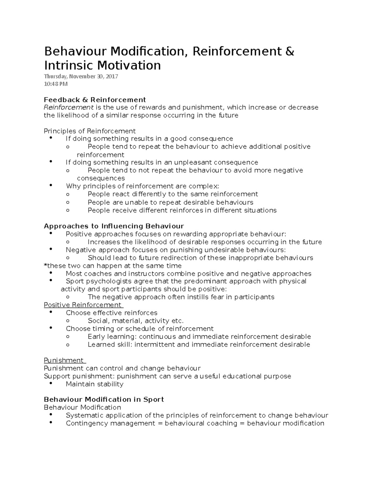 Behaviour Modification, Reinforcement and Intrinsic Motivation - Behaviour Modification, - Studocu