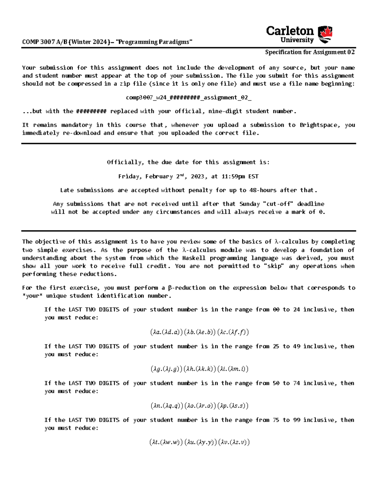 COMP 3007 W24 - Assignment 2 of 8 - Specification - COMP 3007 A/B (Winter 2024 ) − "Programming ...