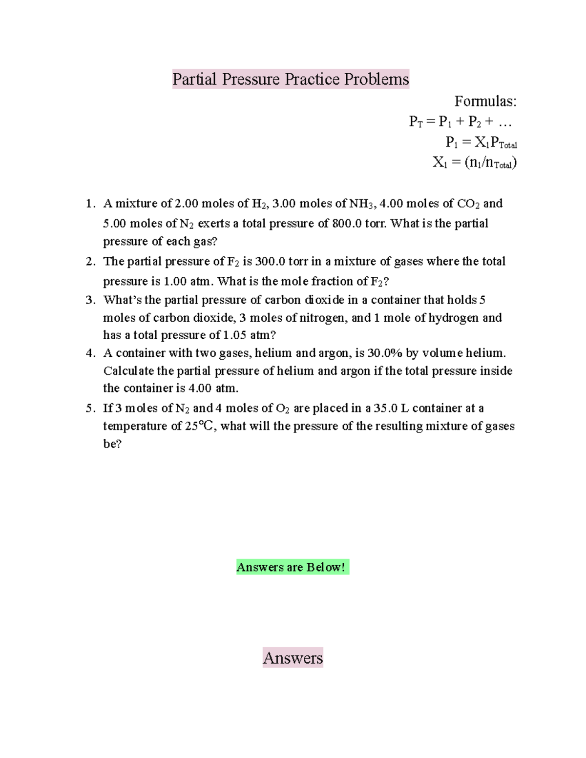 Partial Pressure Practice Problems - Partial Pressure Practice Problems ...