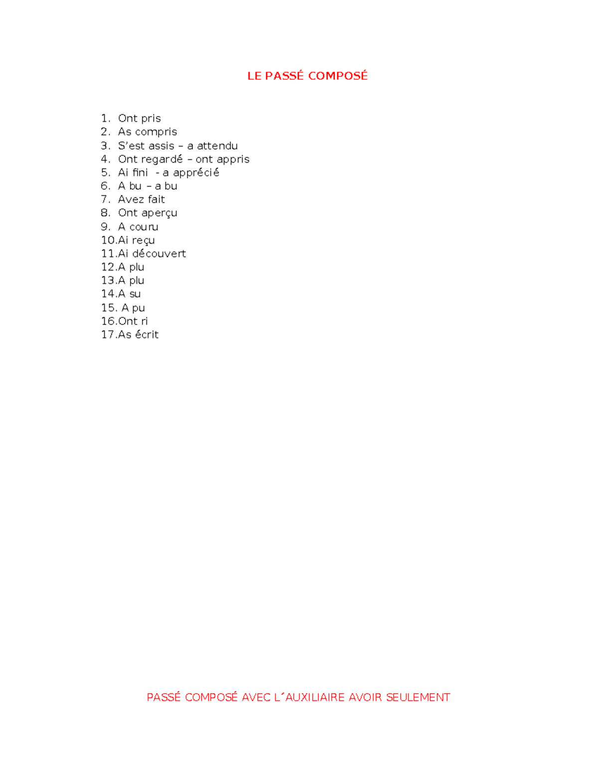 LE Passé Composé - apuntes de verbos en francés - LE PASSÉ COMPOSÉ Ont ...