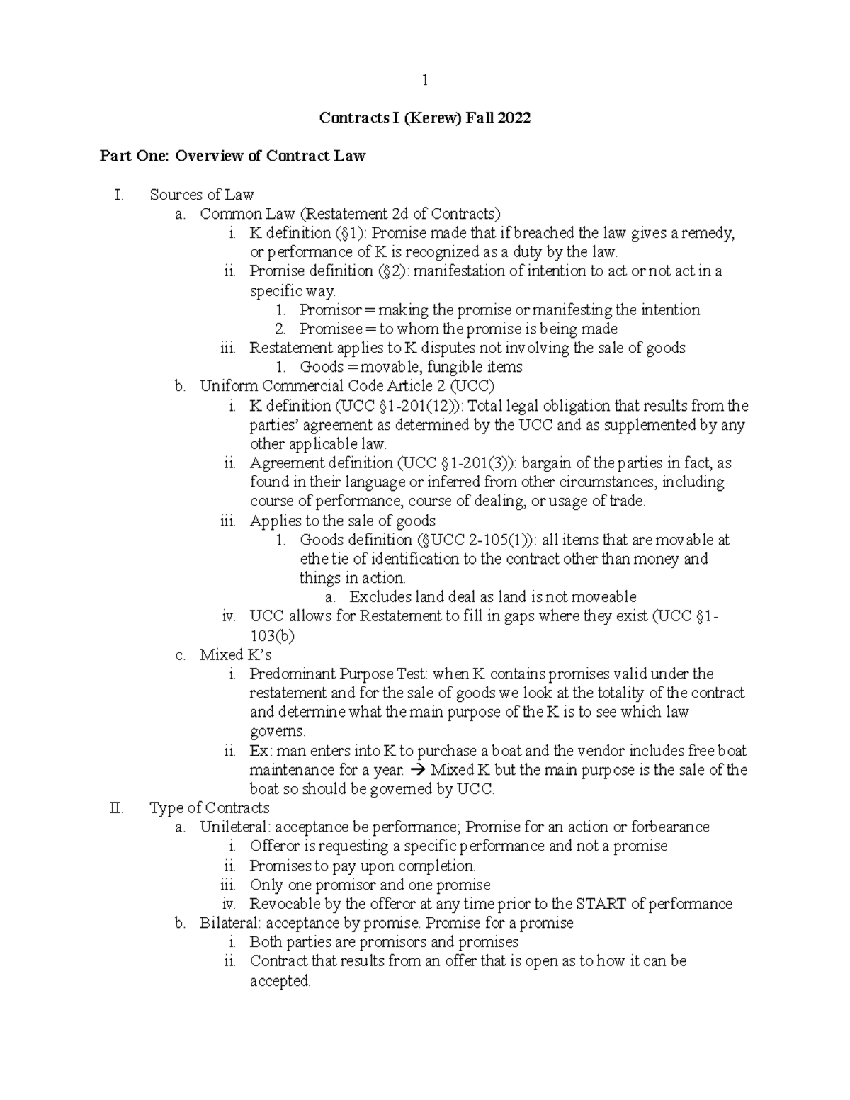 Kerew Conracts 1 Fall 2020 - Contracts I (Kerew) Fall 2022 Part One ...