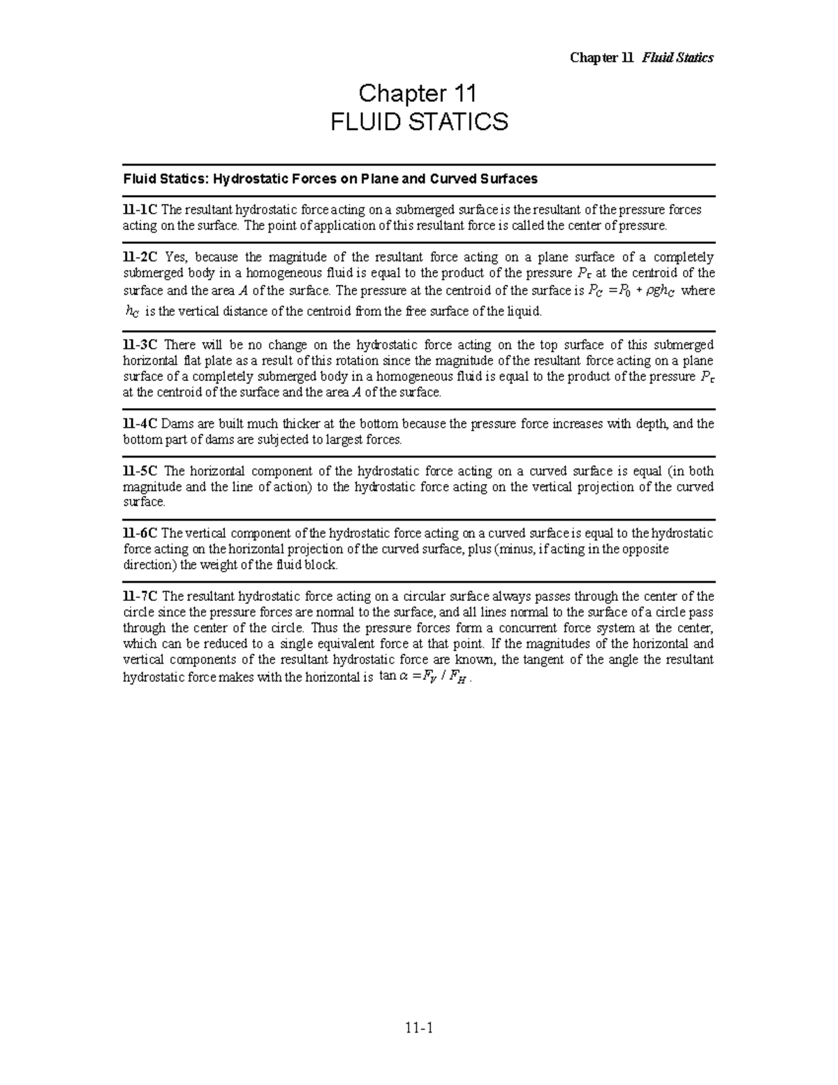 Ftfs-chap11-p001 - Research purposes - Chapter 11 FLUID STATICS Fluid Statics: Hydrostatic ...