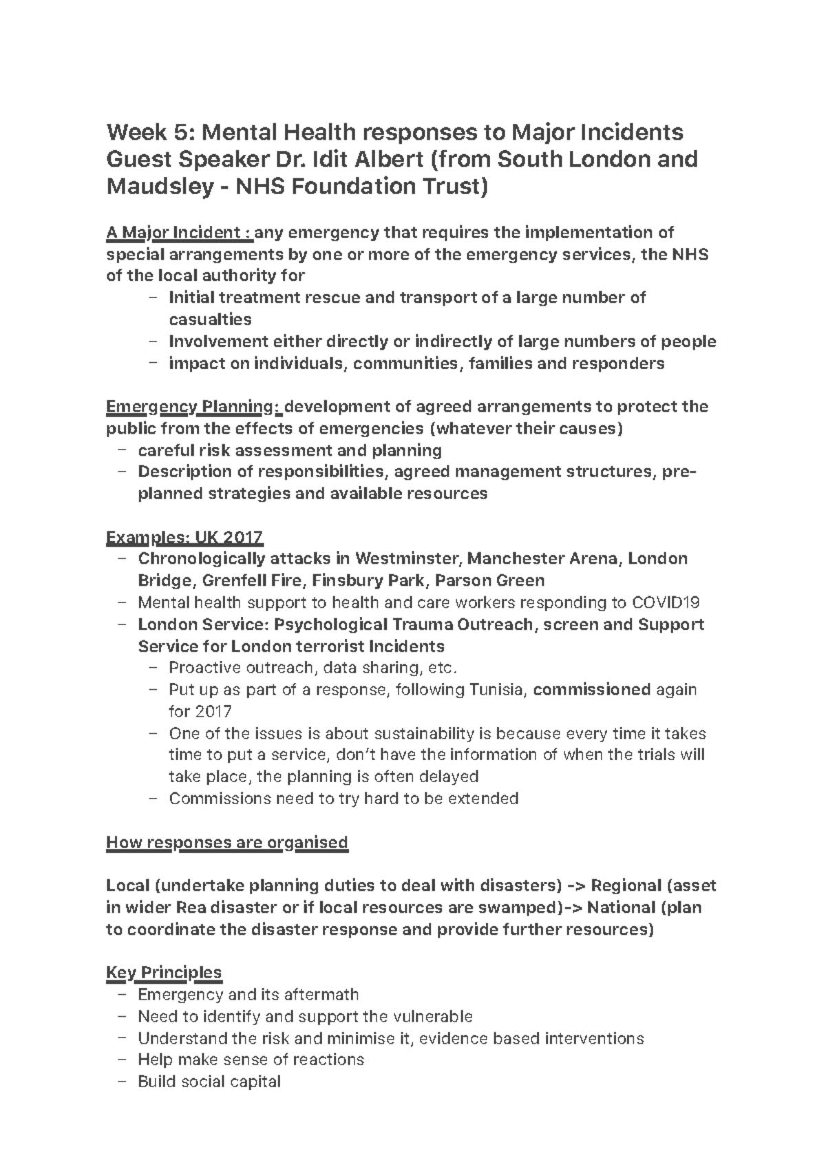 Week 5 Mental Health responses to Major Incidents Guest Speaker Dr ...