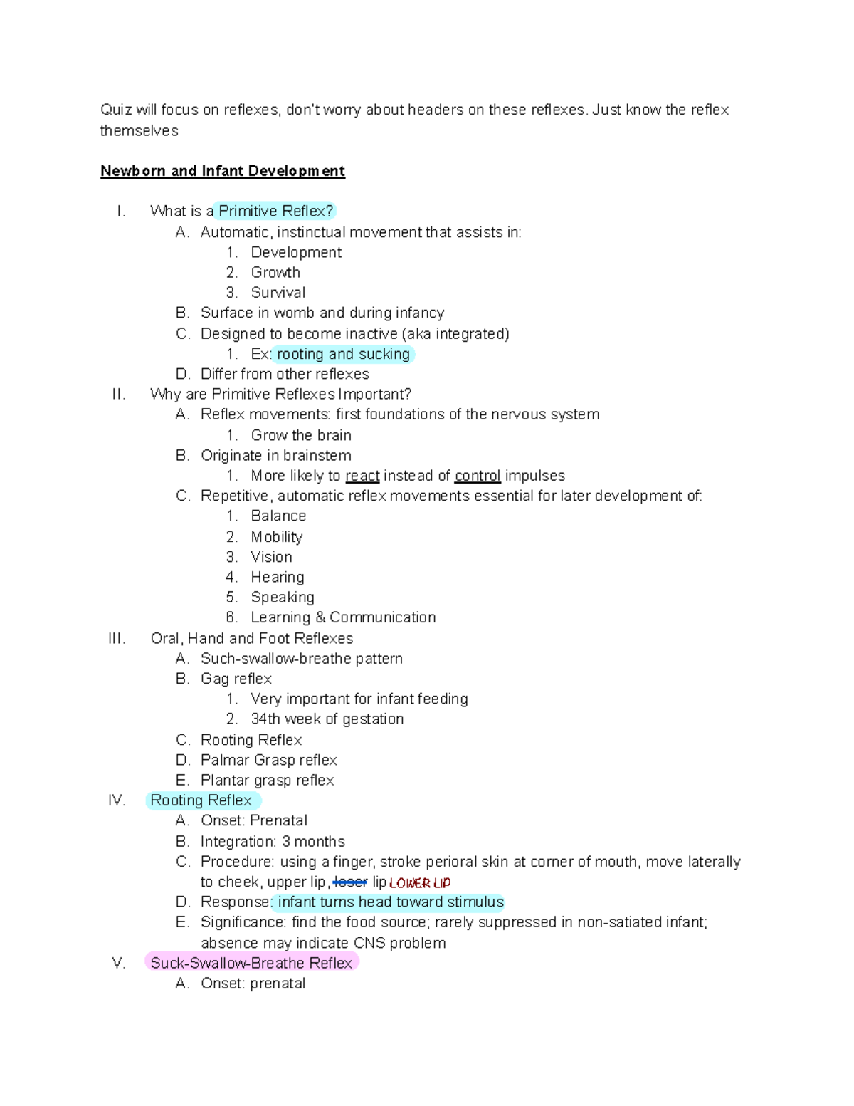 Newborn and Infant Development - Quiz will focus on reflexes, don’t ...