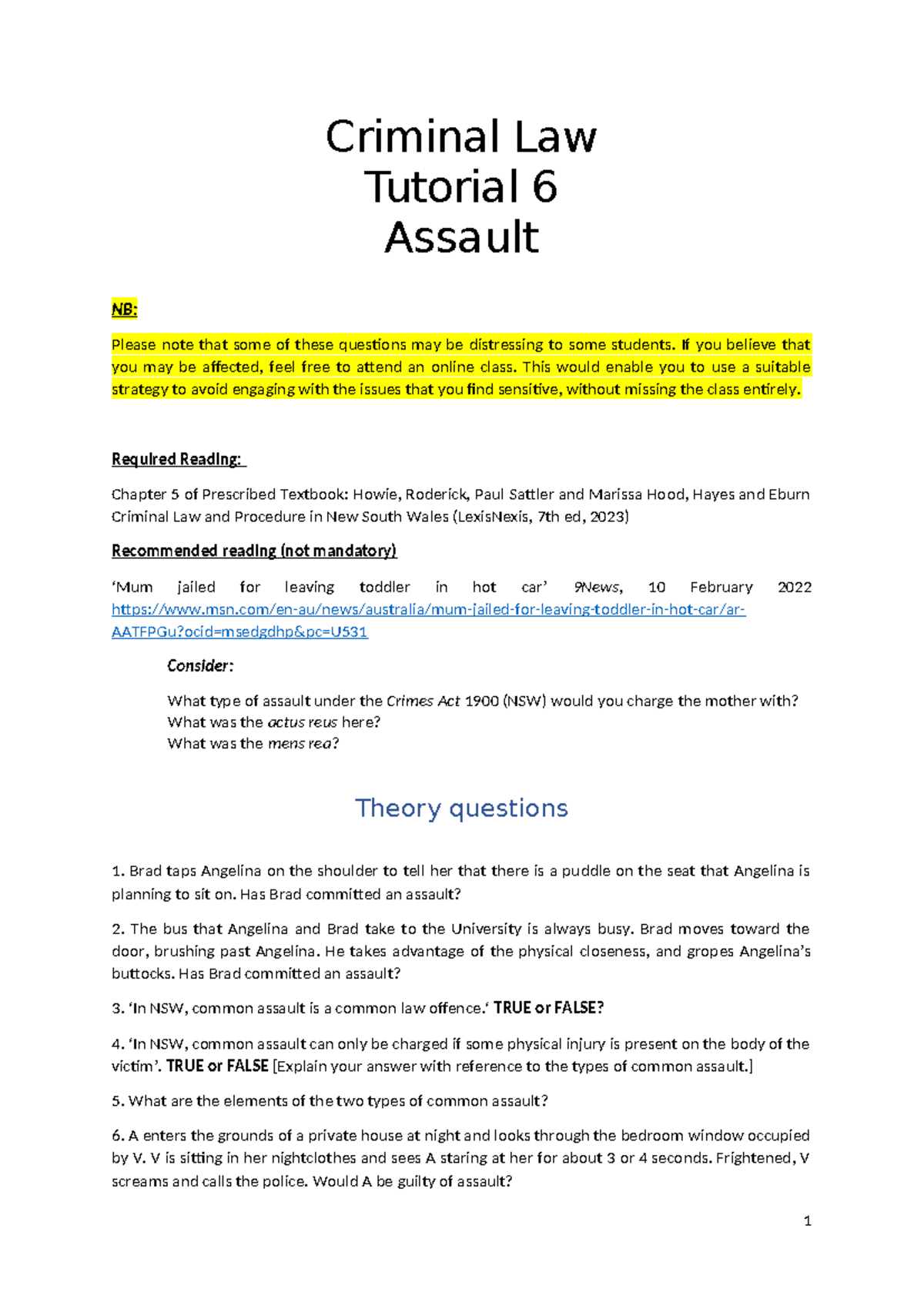 Criminal Law Tutorial 6 Tutorial Guide Criminal Law Tutorial 6 Assault Nb Please Note That