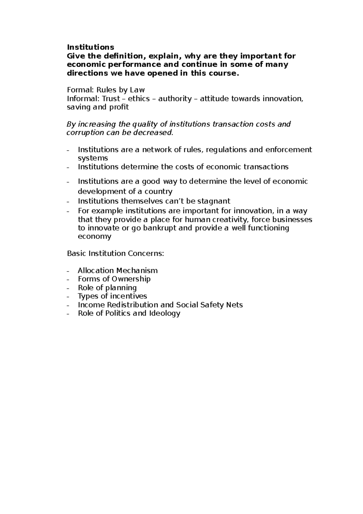 Institutions - Institutions Give the definition, explain, why are they ...