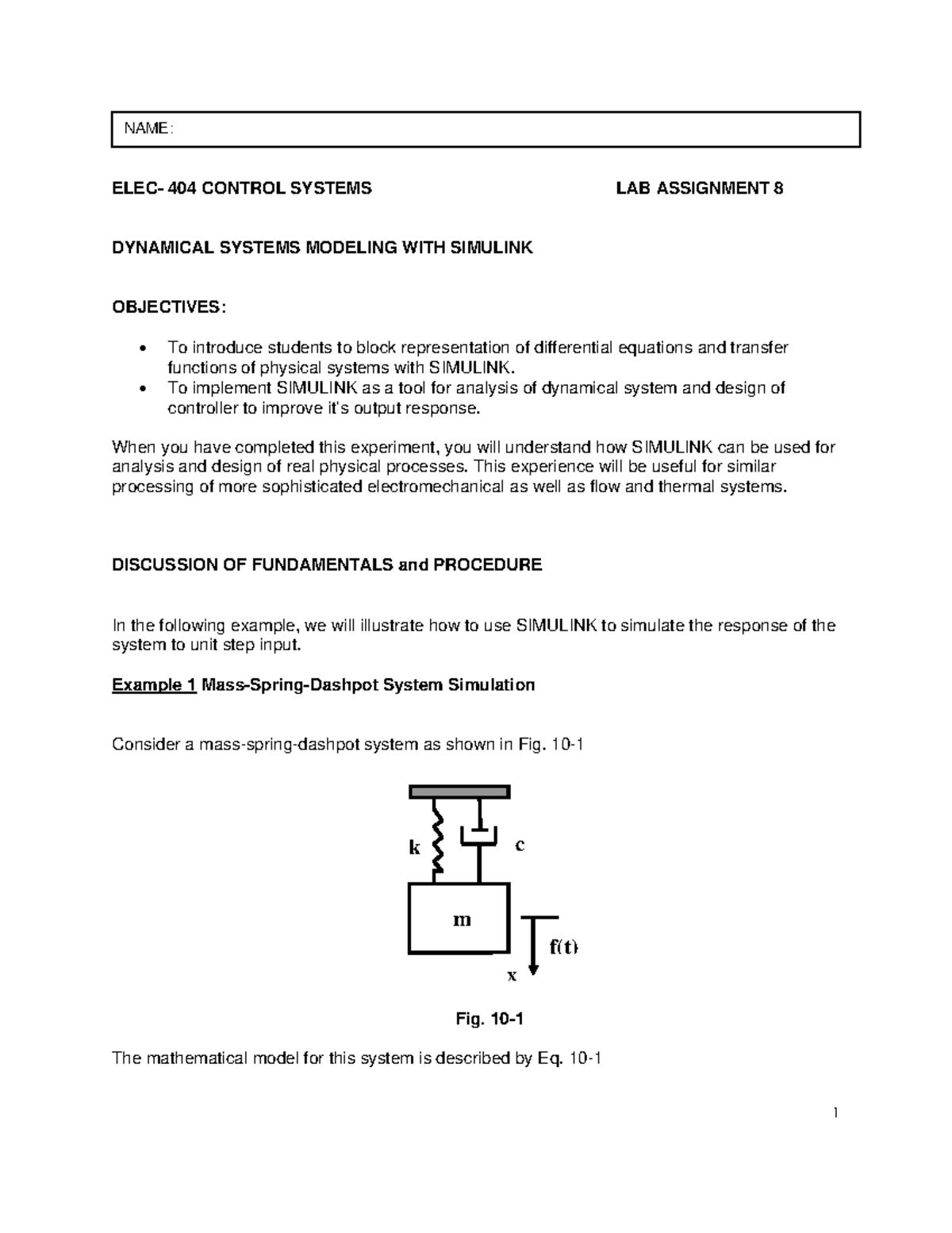 Lab8 2021 Control System Elec 404 Control Systems Lab Assignment 8 Dynamical Systems Modeling 
