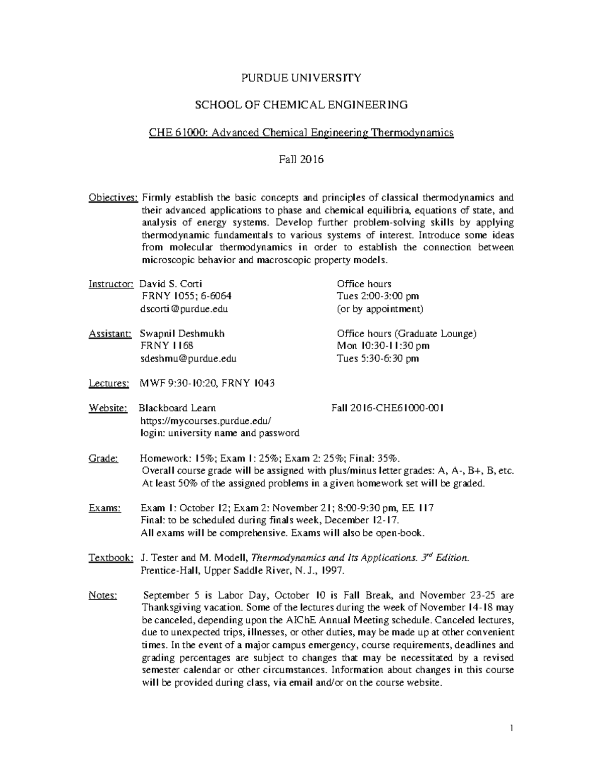 CHE 610 Syllabus Thermo - PURDUE UNIVERSITY SCHOOL OF CHEMICAL ...