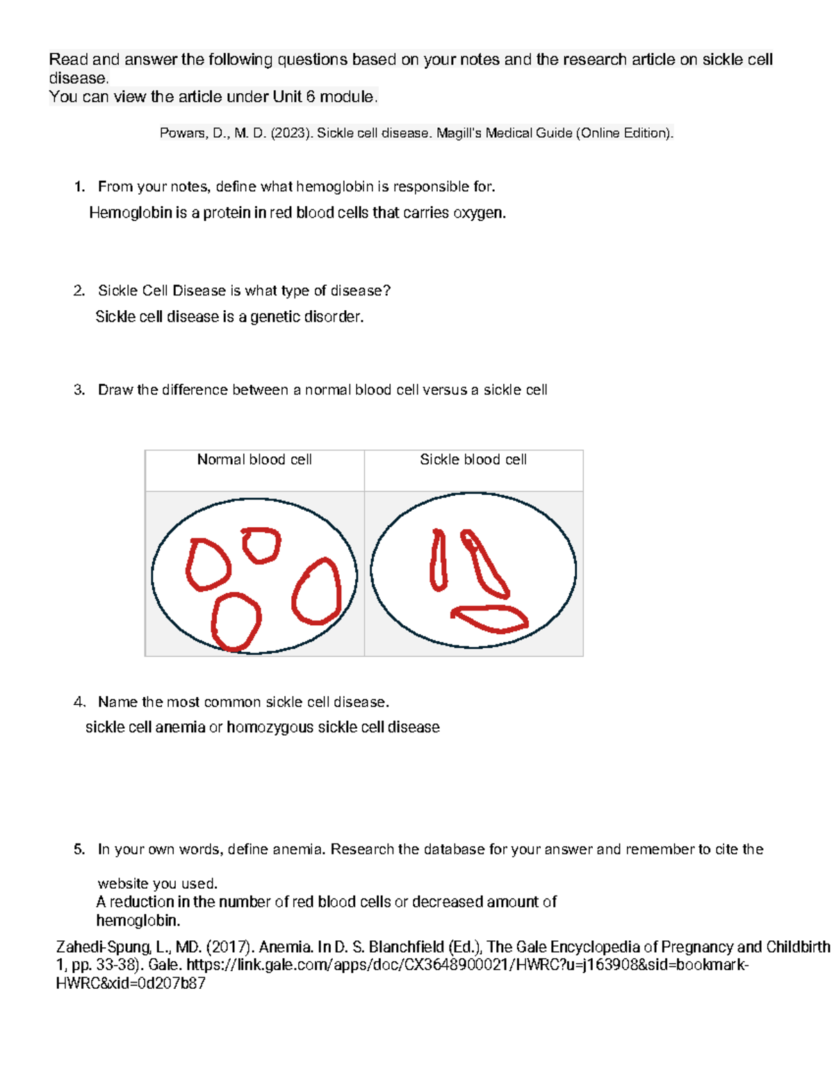 Sickle Cell Disease WS-1 - Read and answer the following questions ...