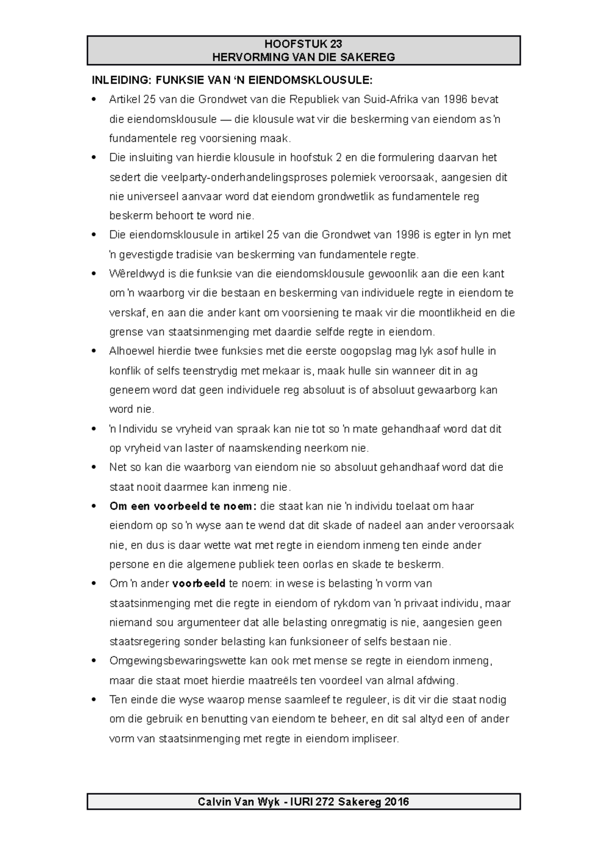 Hoofstuk 22 funksie van n eiendomsklousule - HERVORMING VAN DIE SAKEREG ...