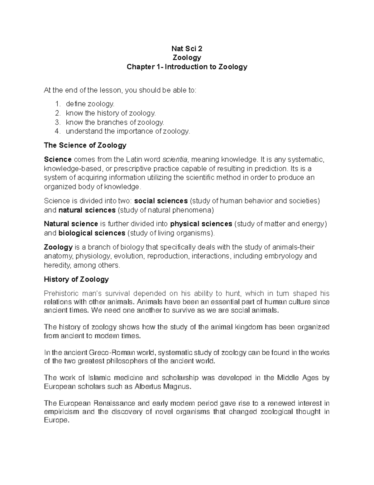 History of Zoology 1 - This is to give students a learning materials ...