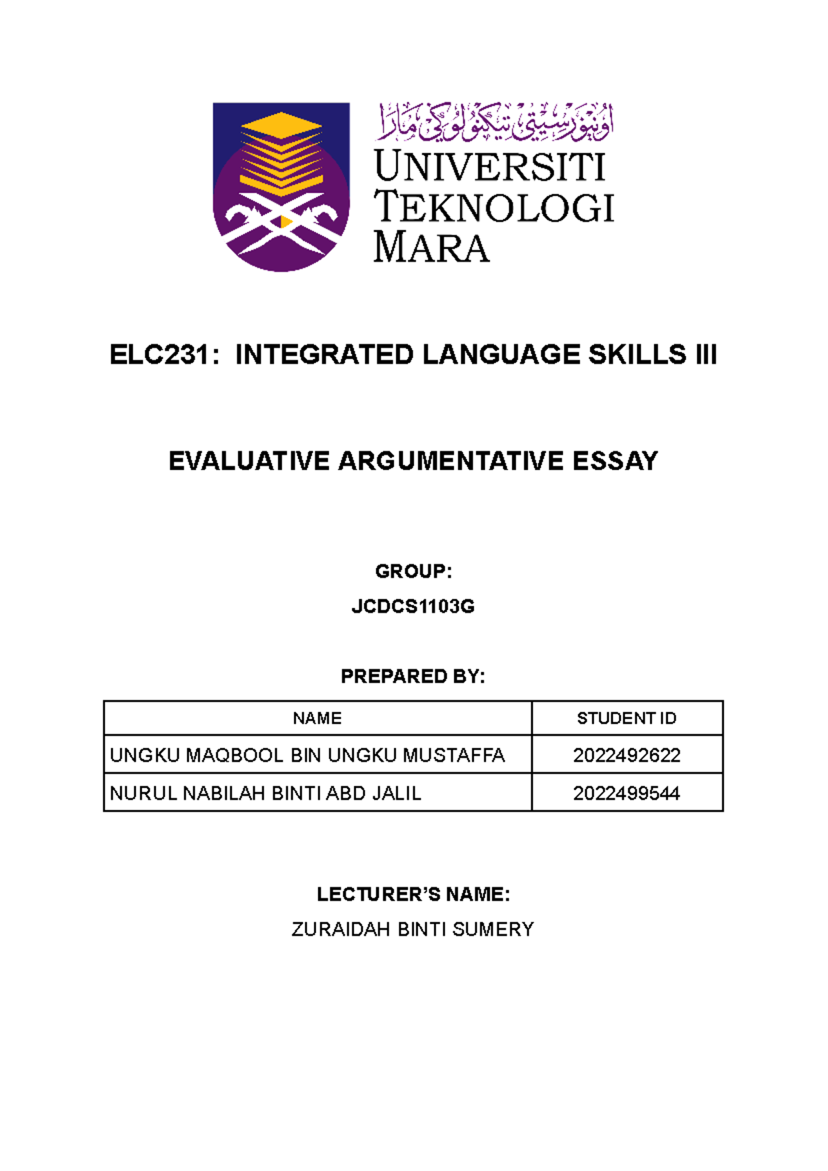 EVALUATIVE ARGUMENTATIVE ESSAY - Computer Science - ELC231: INTEGRATED ...