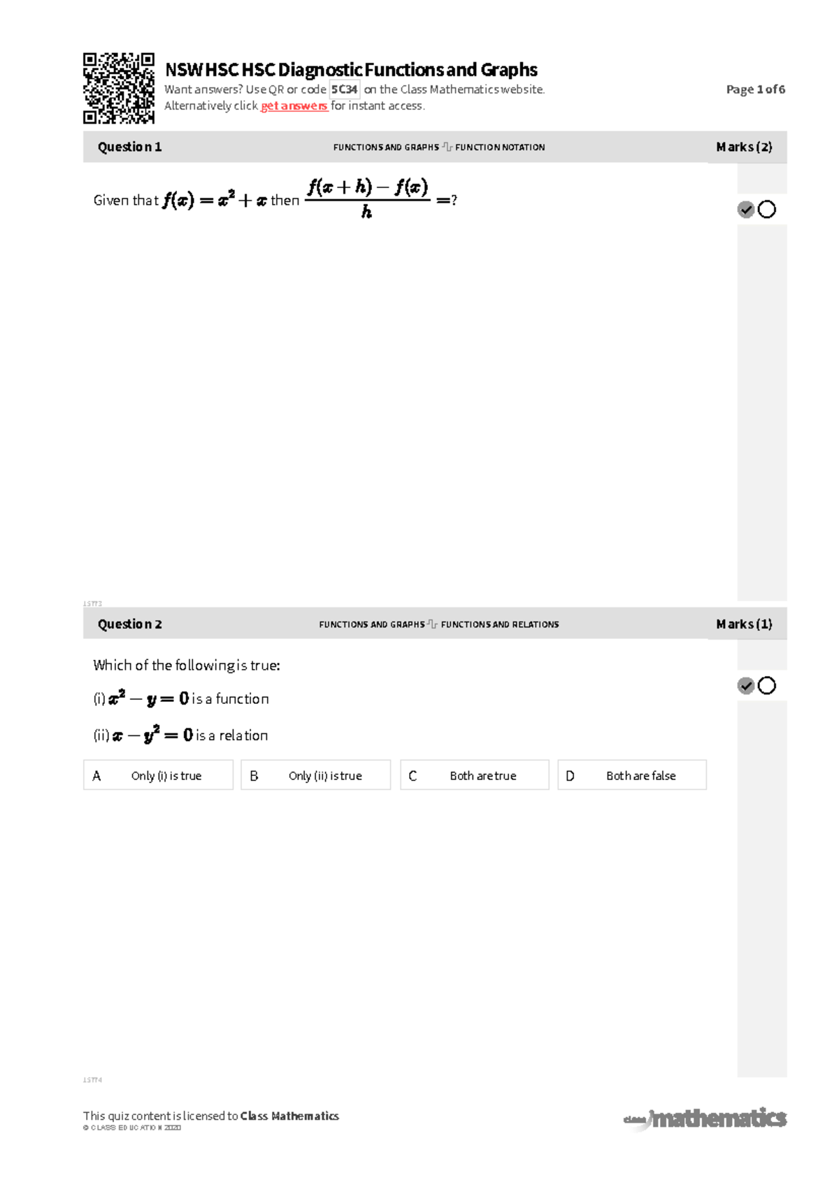 NSW HSC HSC Diagnostic Functions and Graphs 52410 - Question 1 ...
