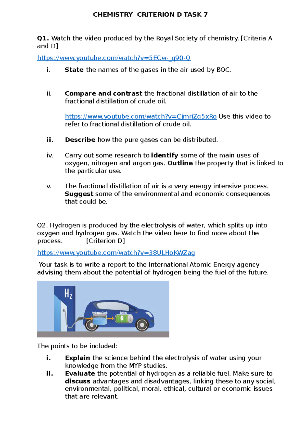 MYP 5 Chemistry Criterion D TASK 7 - CHEMISTRY CRITERION D TASK 7 Q1 ...