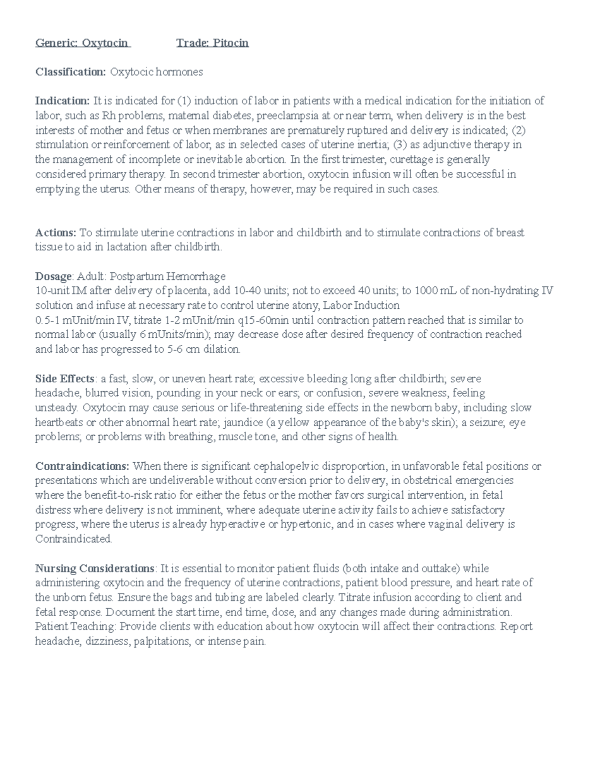 Oxcytocin DRUG CARD - DRUG CARD - Generic: Oxytocin Trade: Pitocin ...