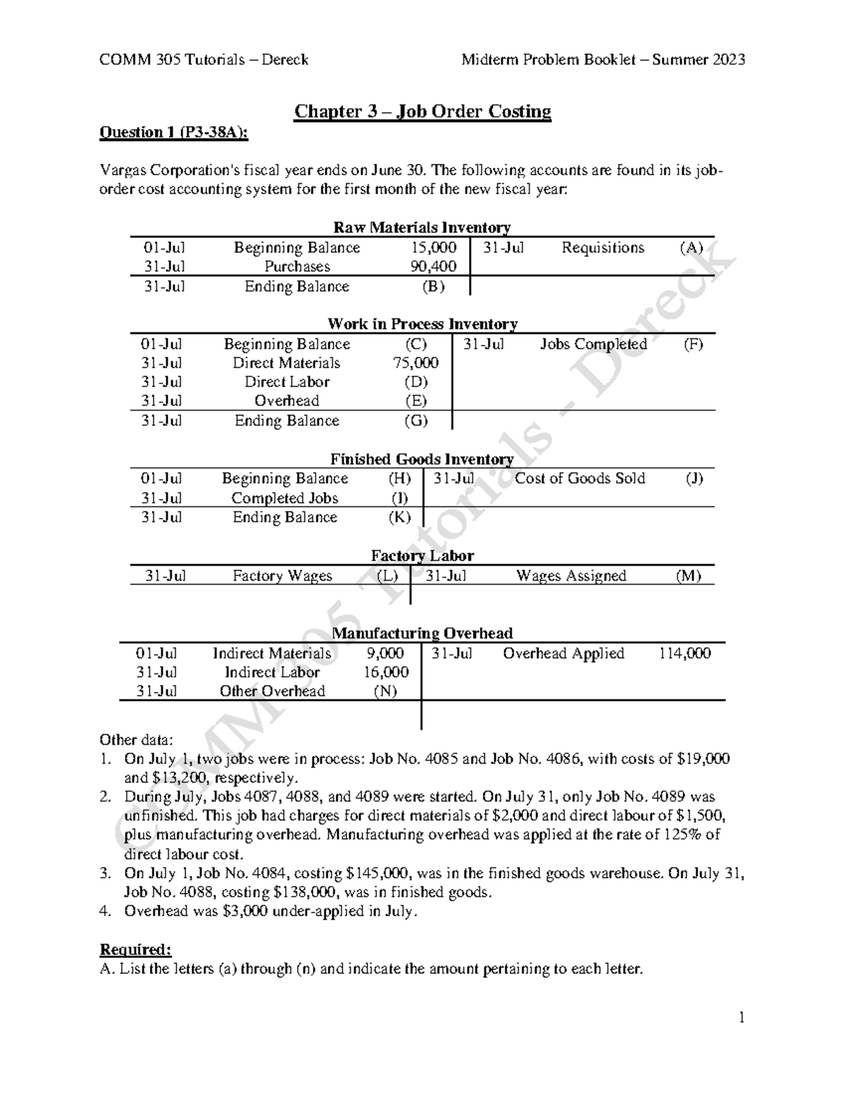 Chap 3, 4,5 problems - Chapter 3 – Job Order Costing Question 1 (P3-38A ...
